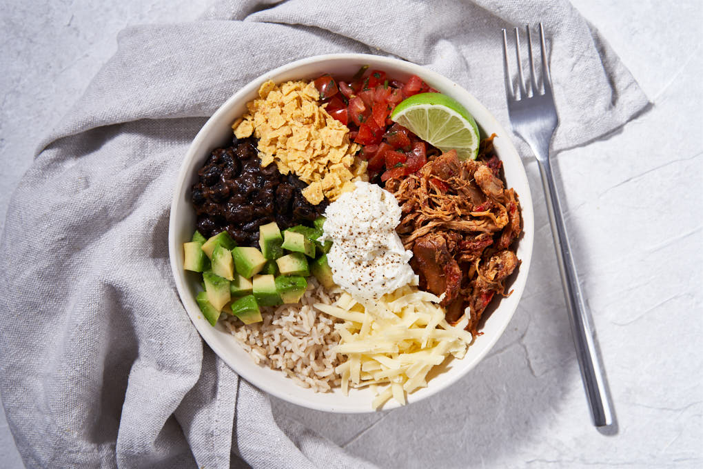 Pulled Chicken Brown Rice Burrito Bowl recipe | HotCooking