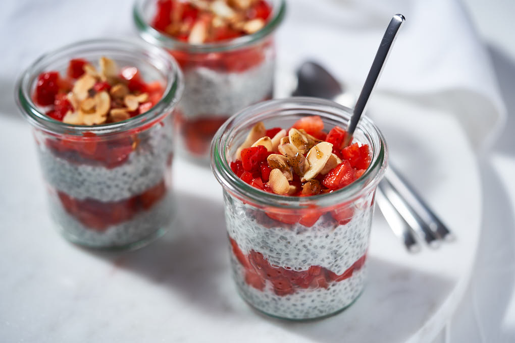 Vanilla Chia Pudding with Strawberries and Flaked Almonds recipe ...