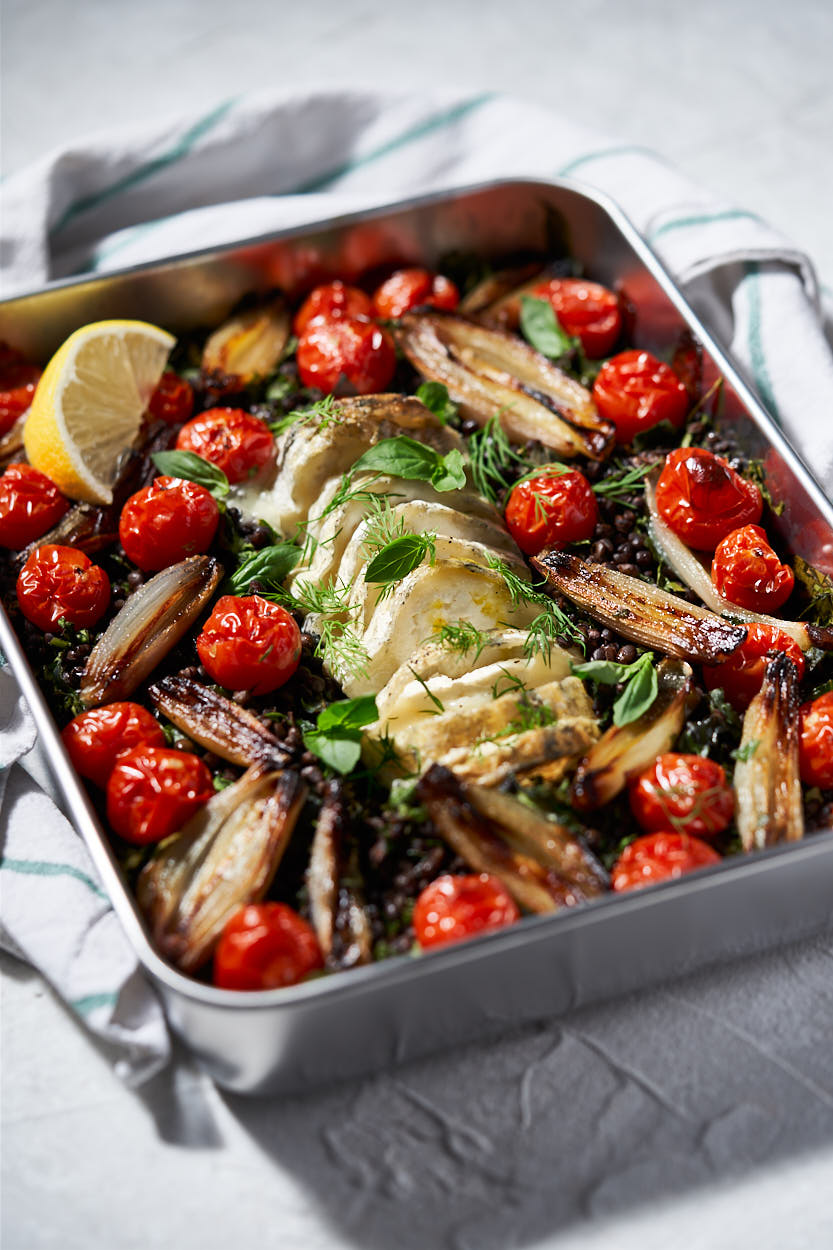 Baked Goat's Cheese with Lentils and Shallots recipe | HotCooking